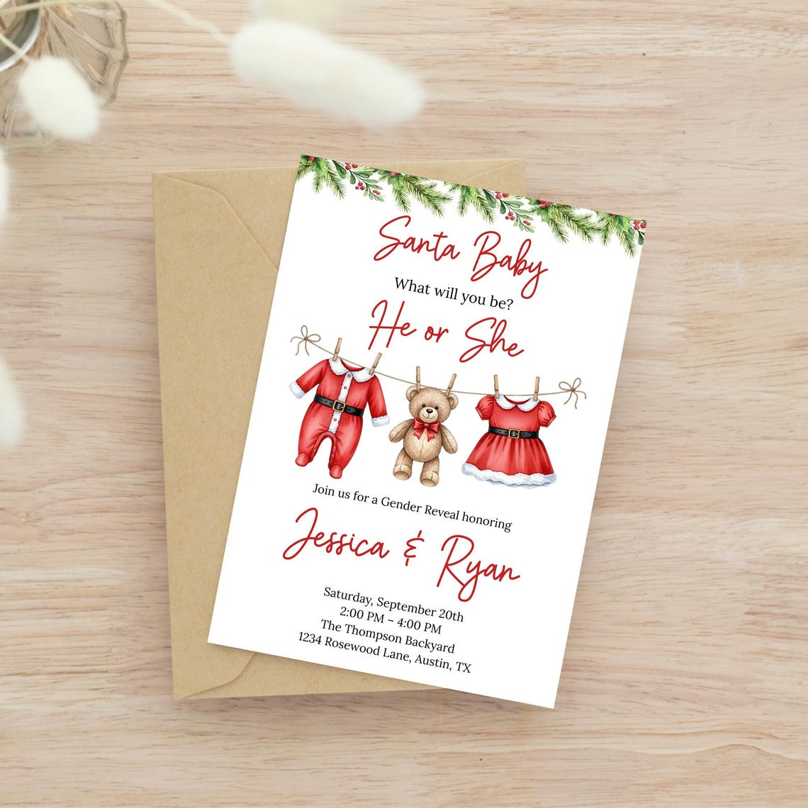 Santa Baby Gender Reveal Invitation: Christmas Clothesline Design - Etsy