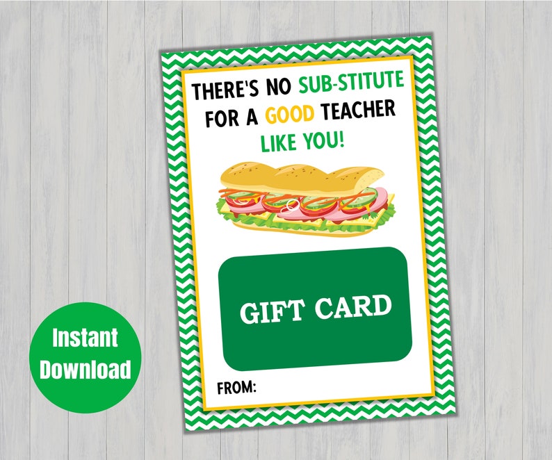 Teacher Gift Card Holder, Gift Card Printable, Sub Sandwich Gift Card ...