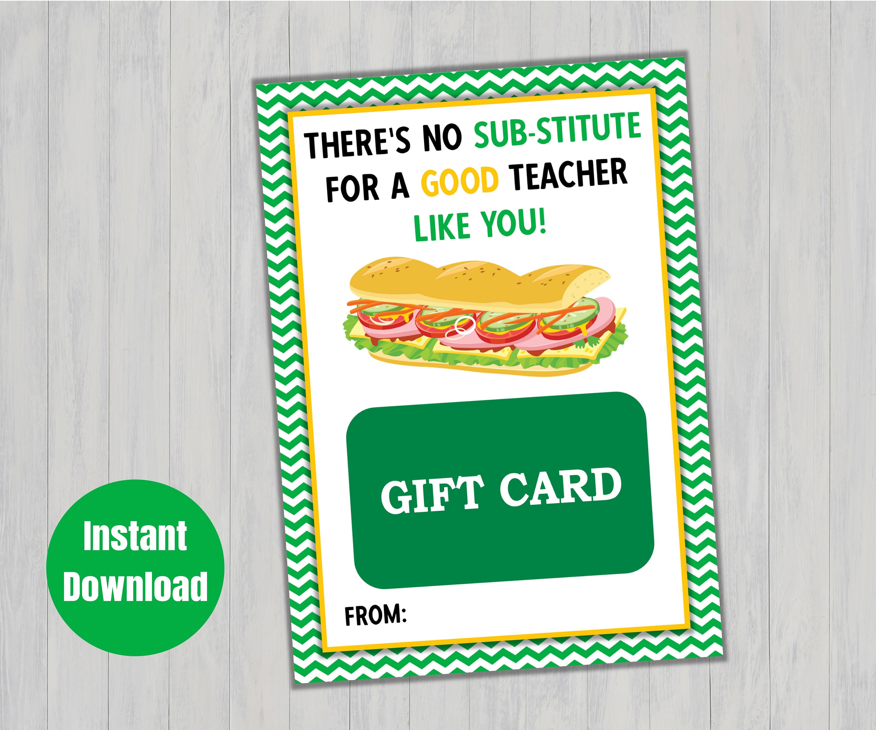 Teacher Gift Card Holder, Gift Card Printable, Sub Sandwich Gift Card ...