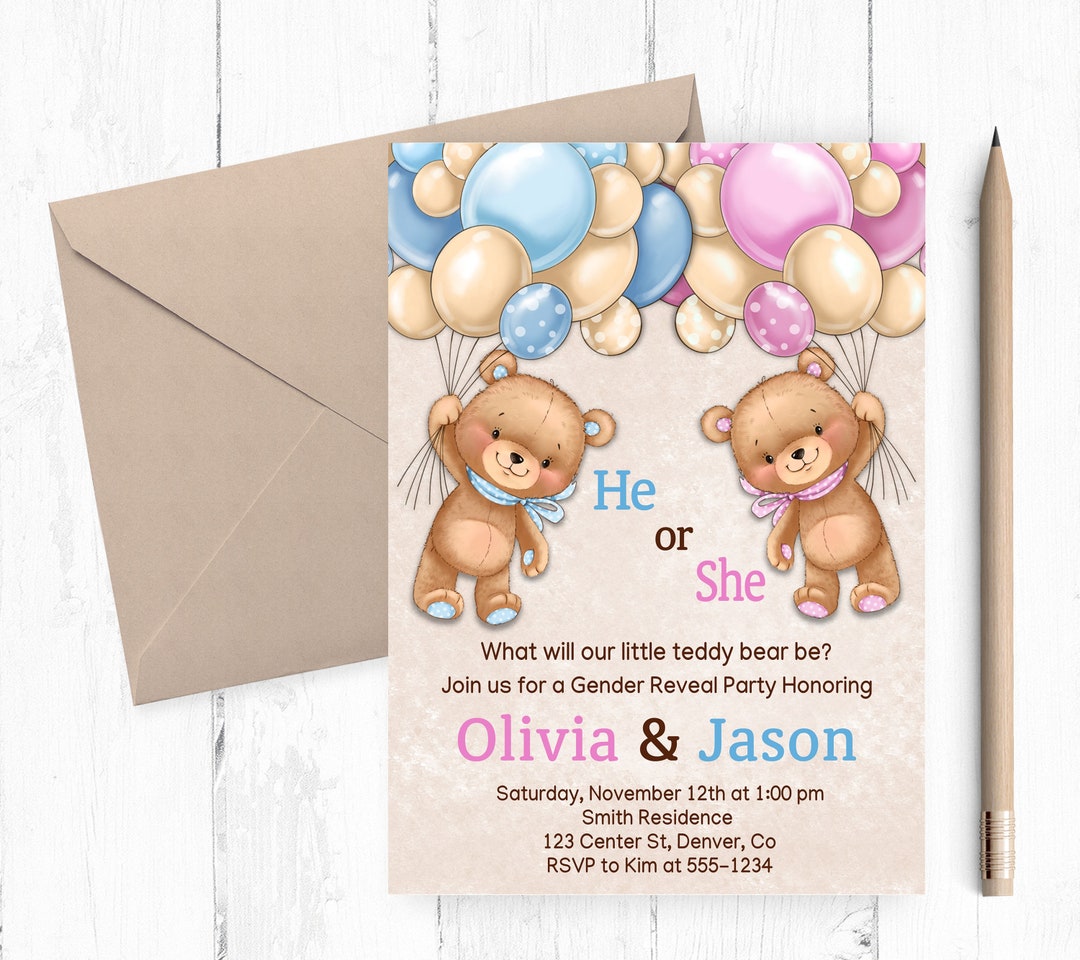 Teddy Bear Gender Reveal Invitation With Balloons - Etsy