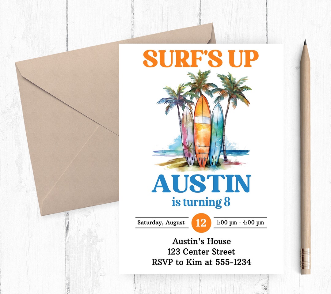 Surf's up Party Invitation, Surfing Party Invitation, Surfing Party ...