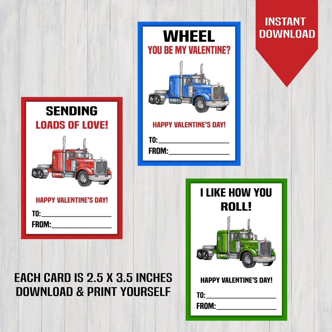 Semi Truck Valentine Cards, Kids Valentine Cards, Semi Truck Card, Big ...