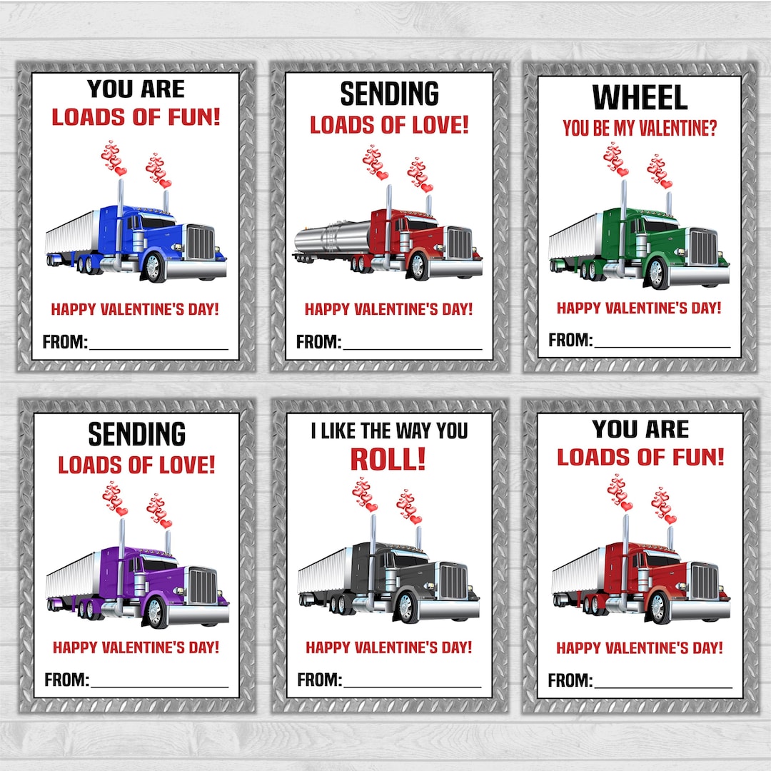 Semi Truck Valentine Cards, School Valentine Tags, Kids Valentine Cards ...