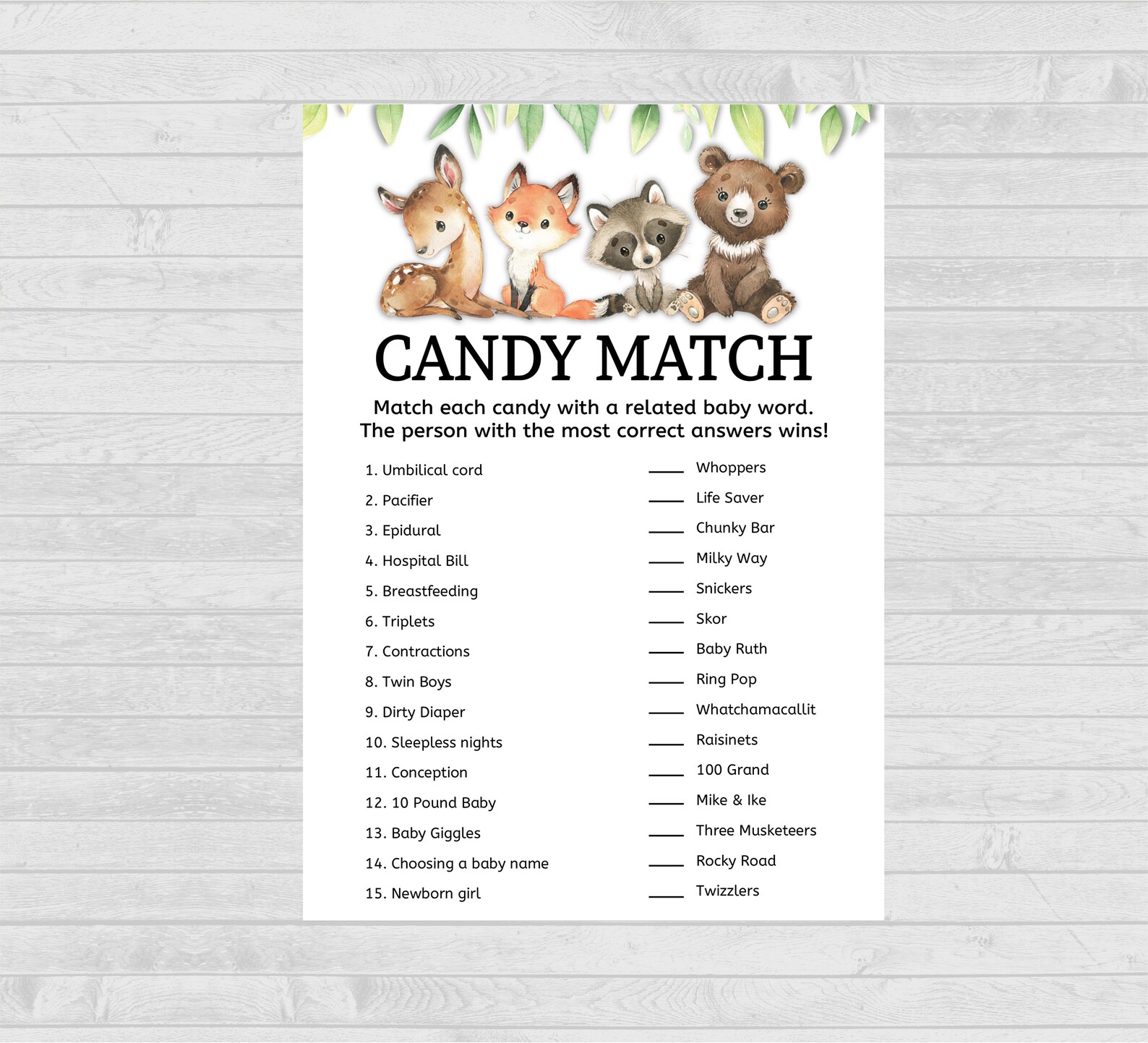 Woodland Baby Shower Candy Match Game, Baby Shower Game, Baby Shower ...
