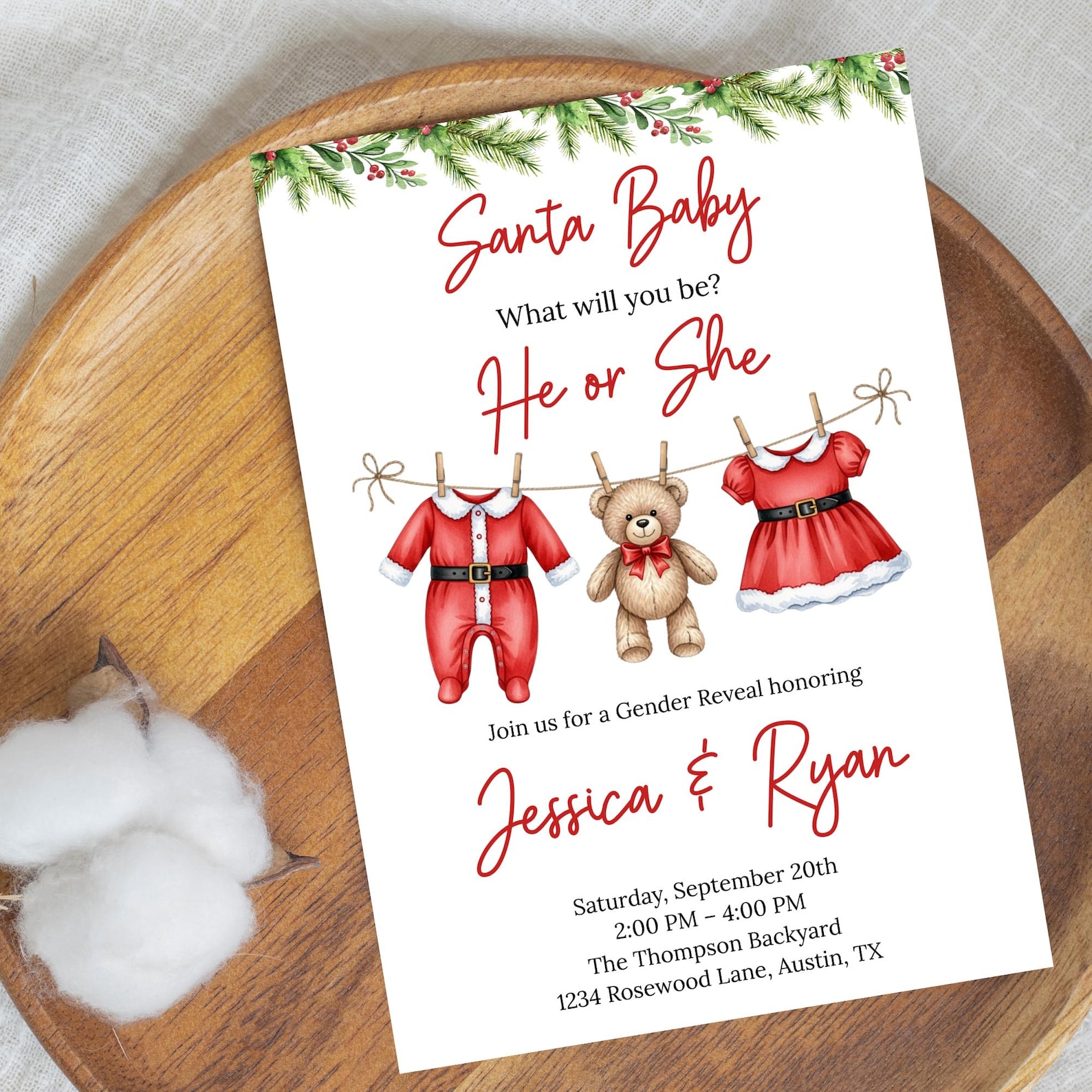 Santa Baby Gender Reveal Invitation: Christmas Clothesline Design - Etsy