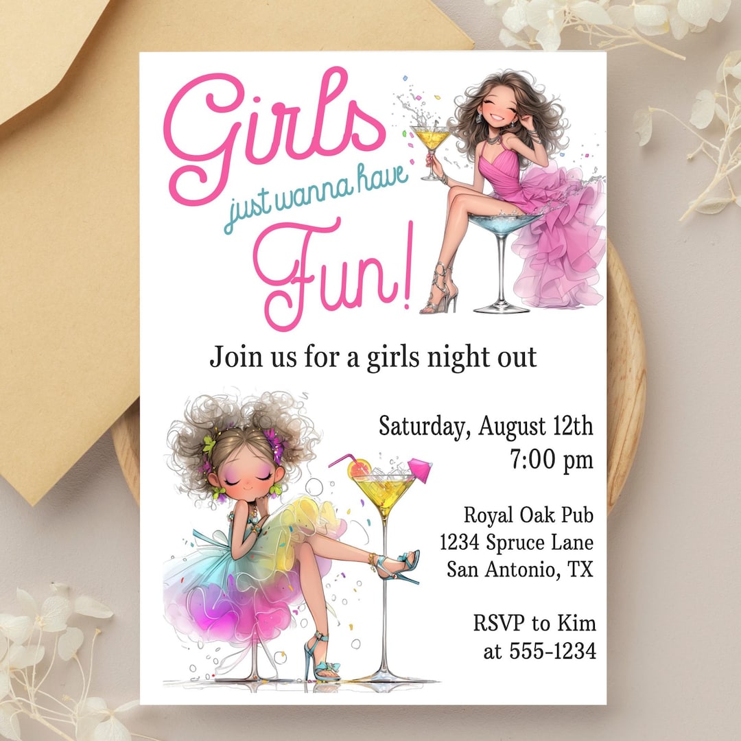 Girl's Night Out Invitations, Girls Night Party Invitation, Cocktail ...