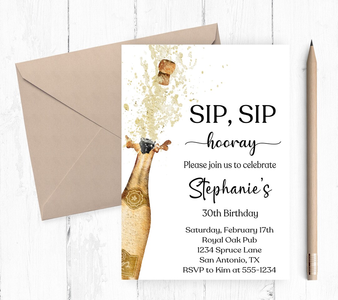 Champagne Birthday Invitation, Sip Sip Hooray, Cocktail Party, Adult ...
