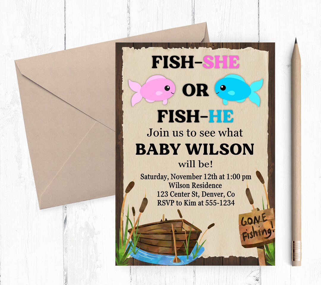 Fish Gender Reveal Invitation, Fish-she Fish-he, Fishing Gender Reveal ...