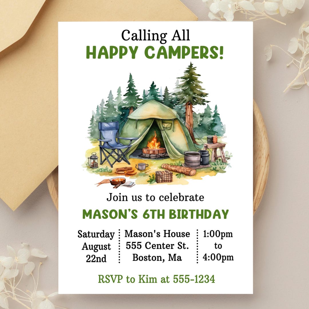 Camping Invitation, Camping Party Invite, Bonfire, Campfire, Camping ...