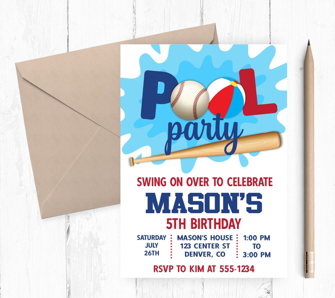 Baseball Pool Party Invitation, Baseball Party, Baseball Birthday ...
