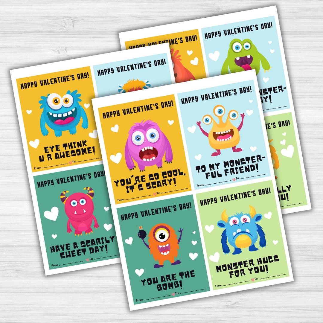 Monster Valentine Cards, School Valentine Tags, Kids Valentine Cards ...