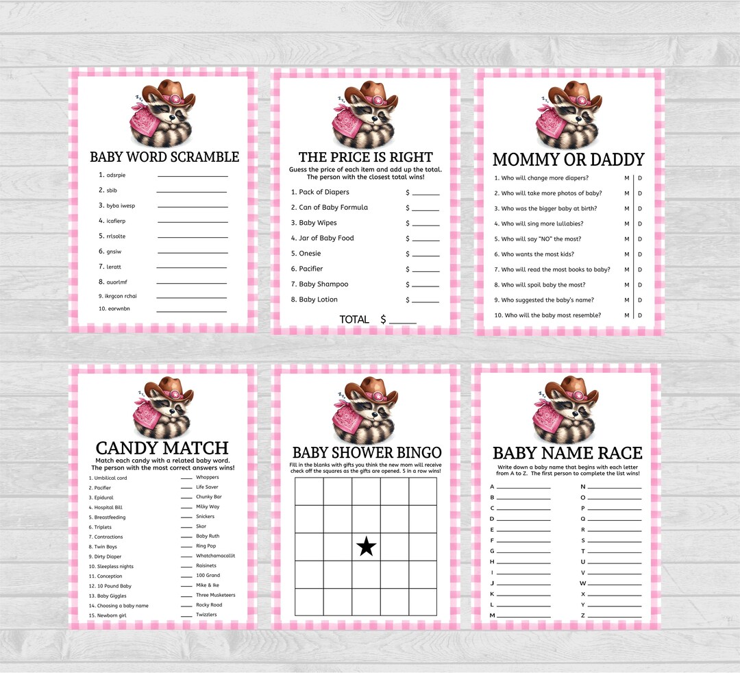 Cowgirl Raccoon Baby Shower Games: 6-game Printable Bundle - Etsy