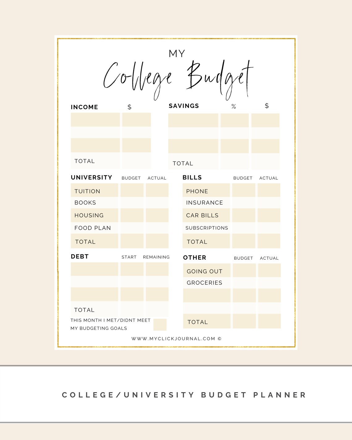Budget Planner Printable for College Students | 2021 Expense Tracker ...