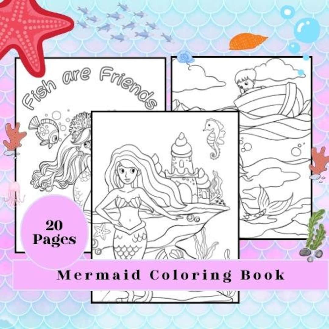 Mermaid Birthday Party Coloring - Kids Coloring Pages | 20 Page PDF ...