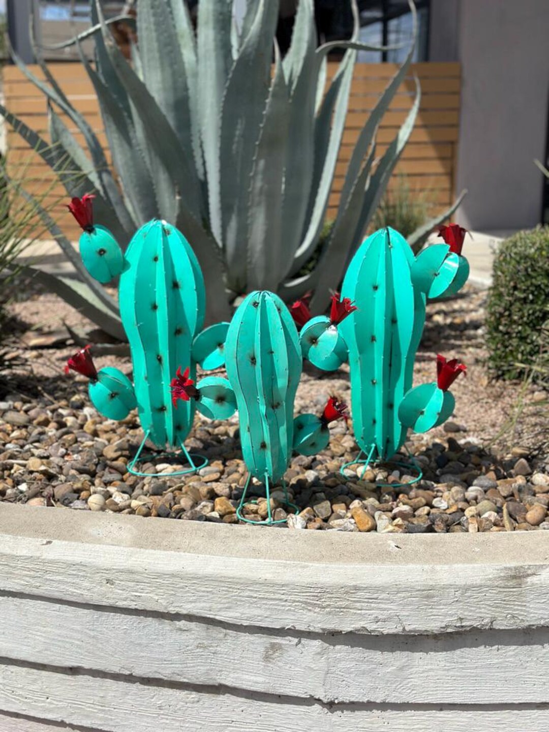 Set of Three Turquoise Metal Cactus Sculptures With Red Flowers ...