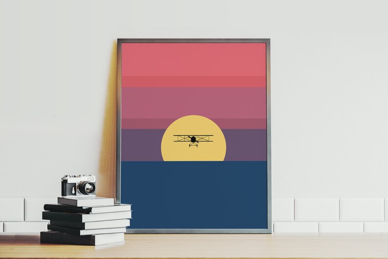 Biplane Sunset Poster, Airplane Poster, Aviation, Minimalist Poster ...