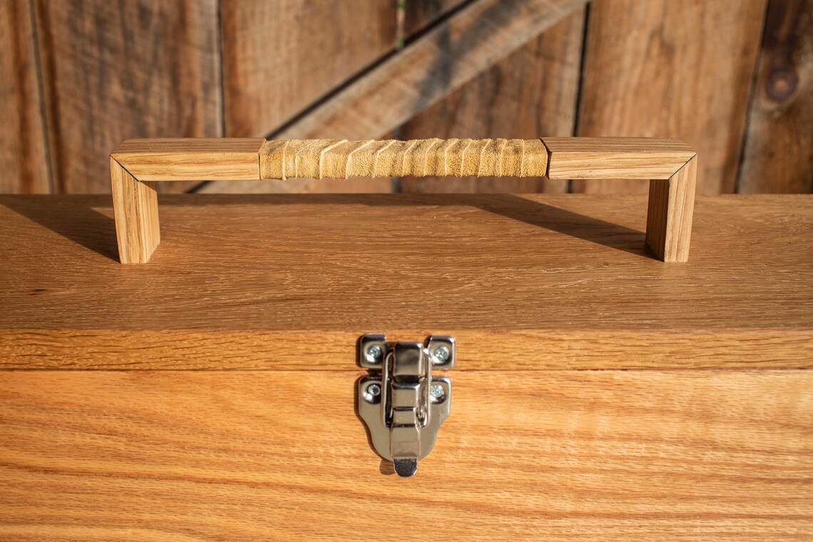 White Oak Ceremony Feather Box W/ Smoked Leather Wrapped Handle & White ...