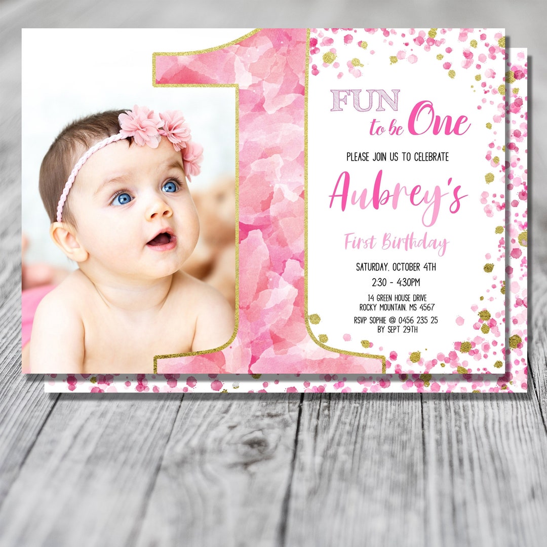 1st Birthday Party Pink Invite, Fun to Be One Babies First Birthday ...