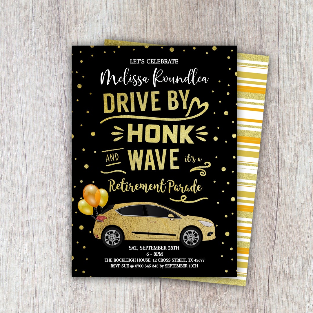 Retirement Drive by Honk and Wave, Gold Car Party Parade Invite ...
