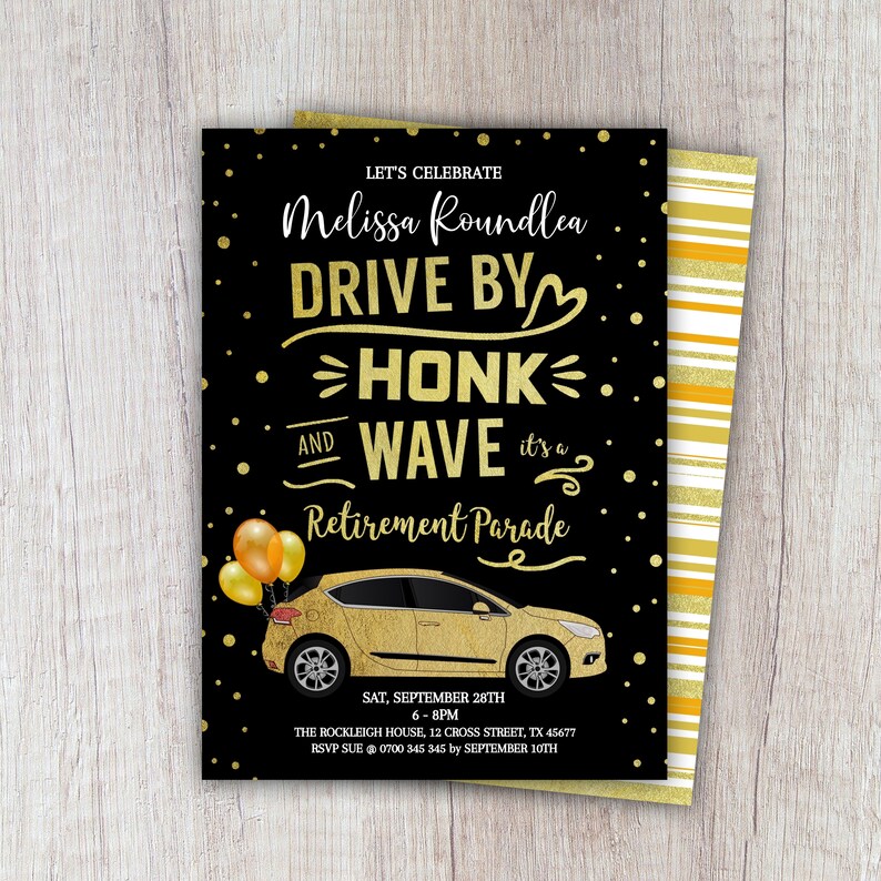 Retirement Drive by Honk and Wave, Gold Car Party Parade Invite ...