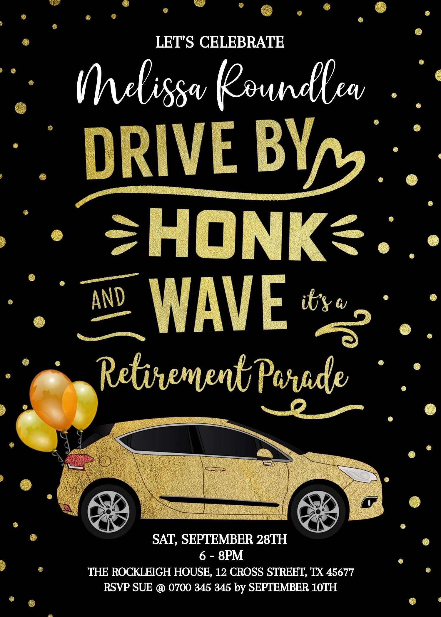 Retirement Drive by Honk and Wave, Gold Car Party Parade Invite ...