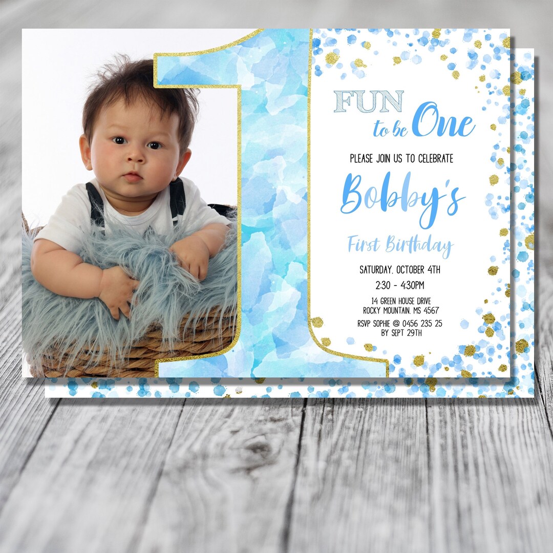 1st Birthday Party, Blue Fun to Be One Party Invitation | Digital ...