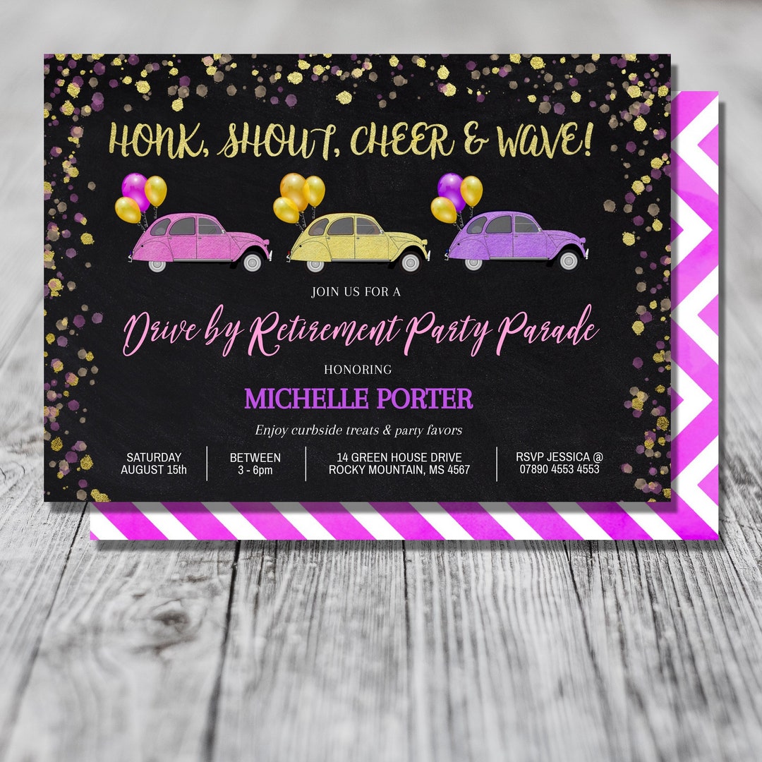 Retirement Drive by Honk Shout Cheer and Wave Car Party Parade Invite ...