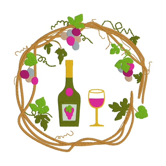 Wine Embroidery Design Digital Machine Embroidery Wreath - Etsy