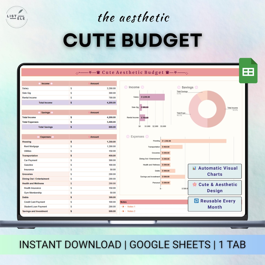 Cute Aesthetic Budget Planner – Google Sheets Monthly Finance Tracker ...