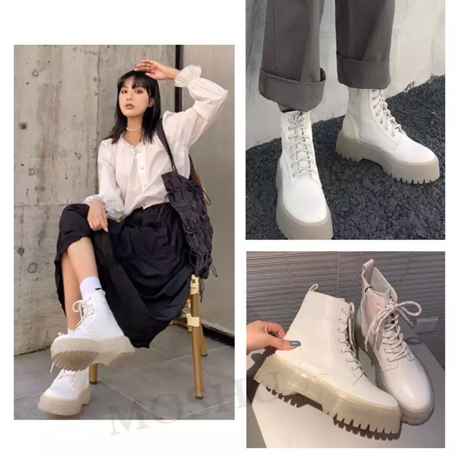 Botas blancas Aesthetic botines de cuero con plataforma para | Etsy