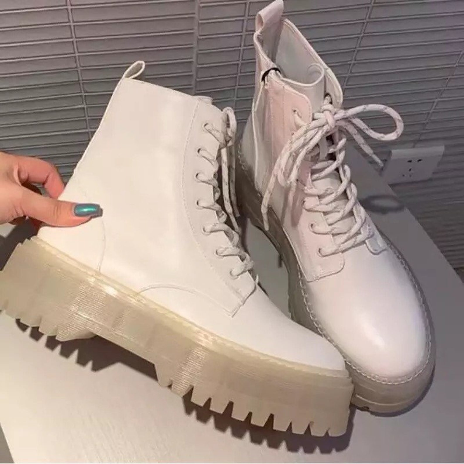 Botas blancas Aesthetic botines de cuero con plataforma para | Etsy