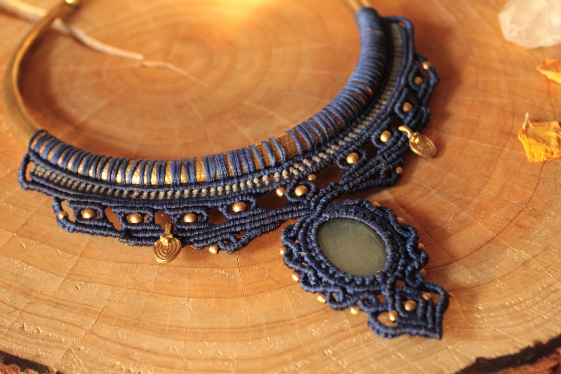 Agate Choker Macrame & Brass Collar Torque Neck Cuff Agate - Etsy