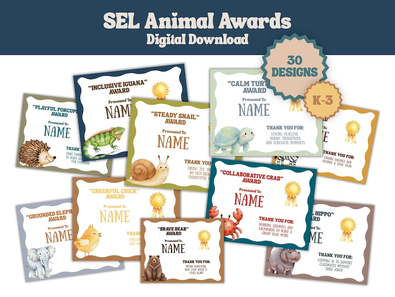 30 Editable Student Awards | Animal SEL Certificates | End of Year | K ...