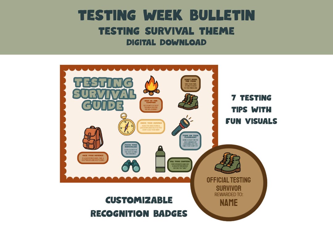 Testing Survival Guide Bulletin Board Kit | Editable Camping Theme ...