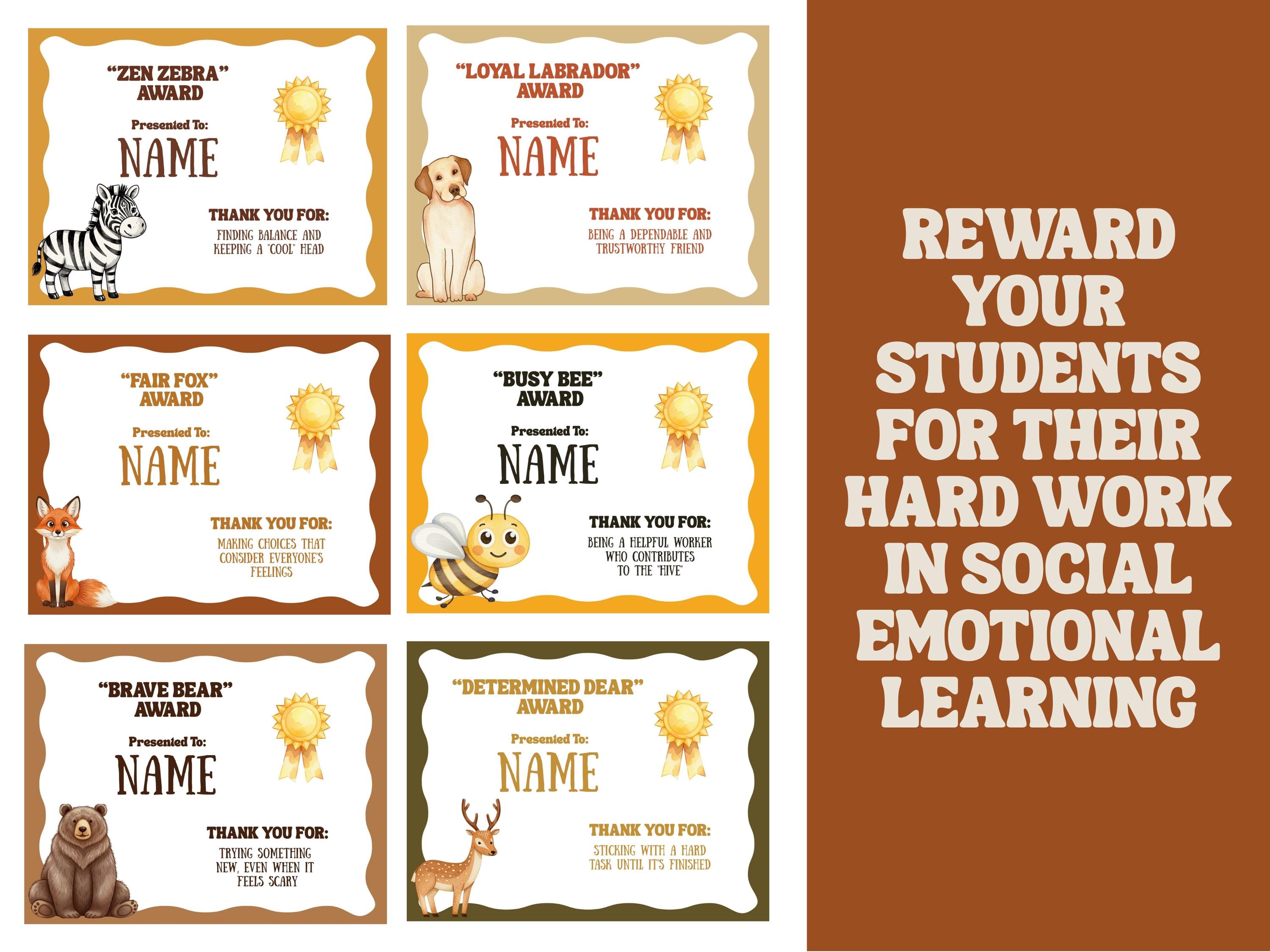 30 Editable Student Awards | Animal SEL Certificates | End of Year | K ...