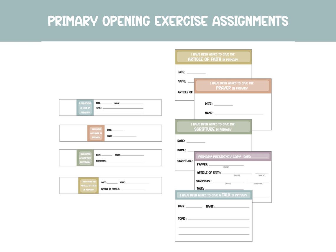 Primary Opening Exercise Assignment Cards & Wristbands Prayer, Scripture, Talk, Article of Faith ...