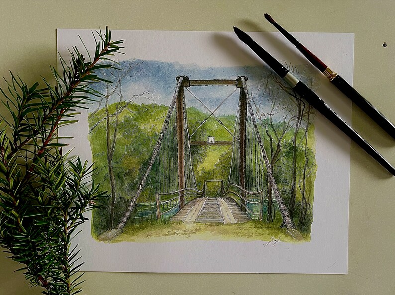 Old Swinging Bridge, Vintage Bridge Print,country Bridge, Watercolor ...