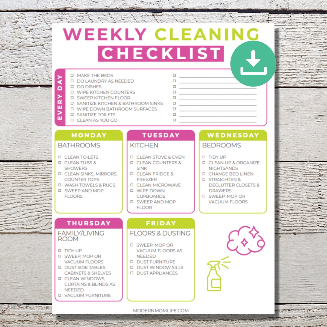 Printable Weekly Cleaning Schedule Checklist - Etsy Canada
