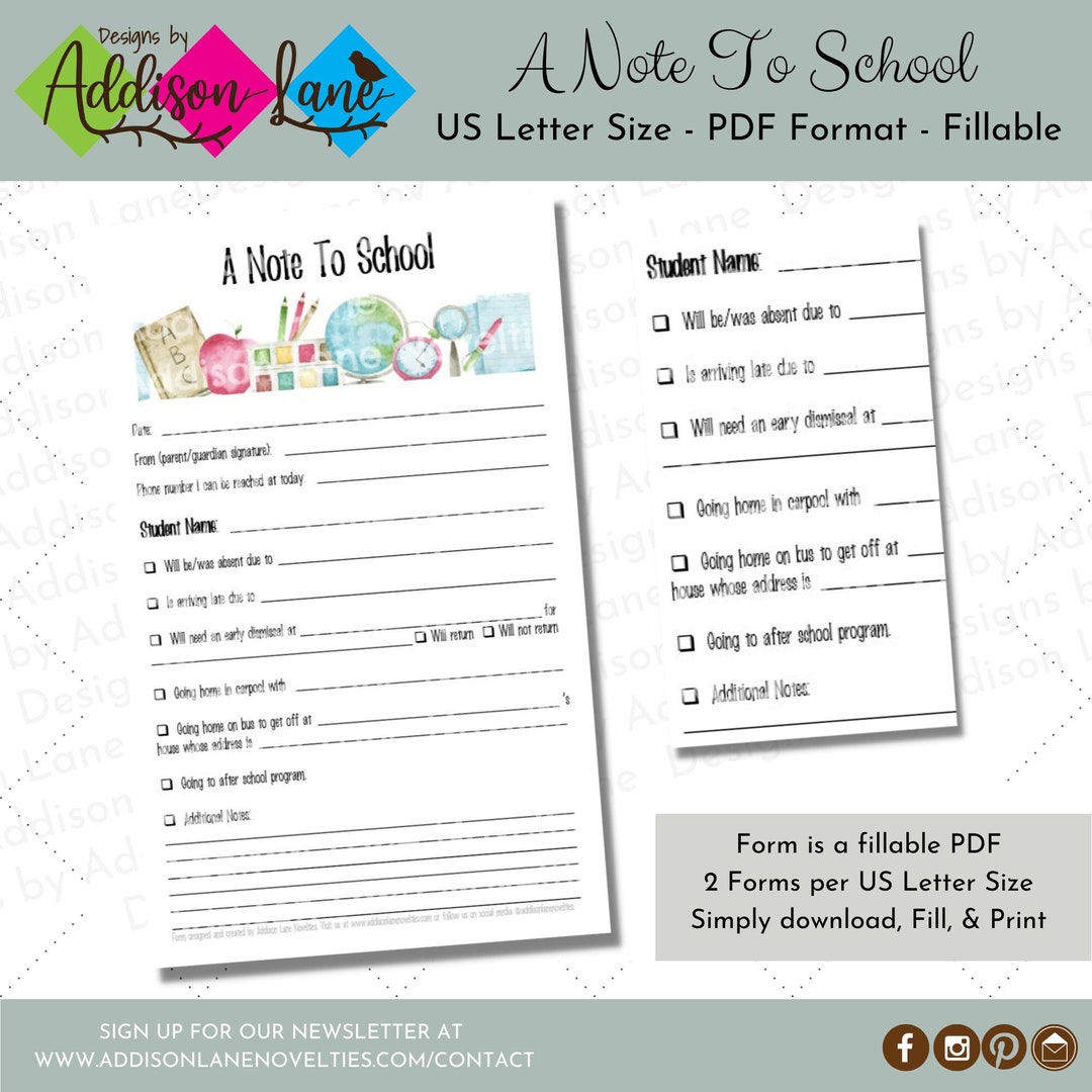 Note to School PDF- Fillable Note PDF - Printable Note PDF - for School ...