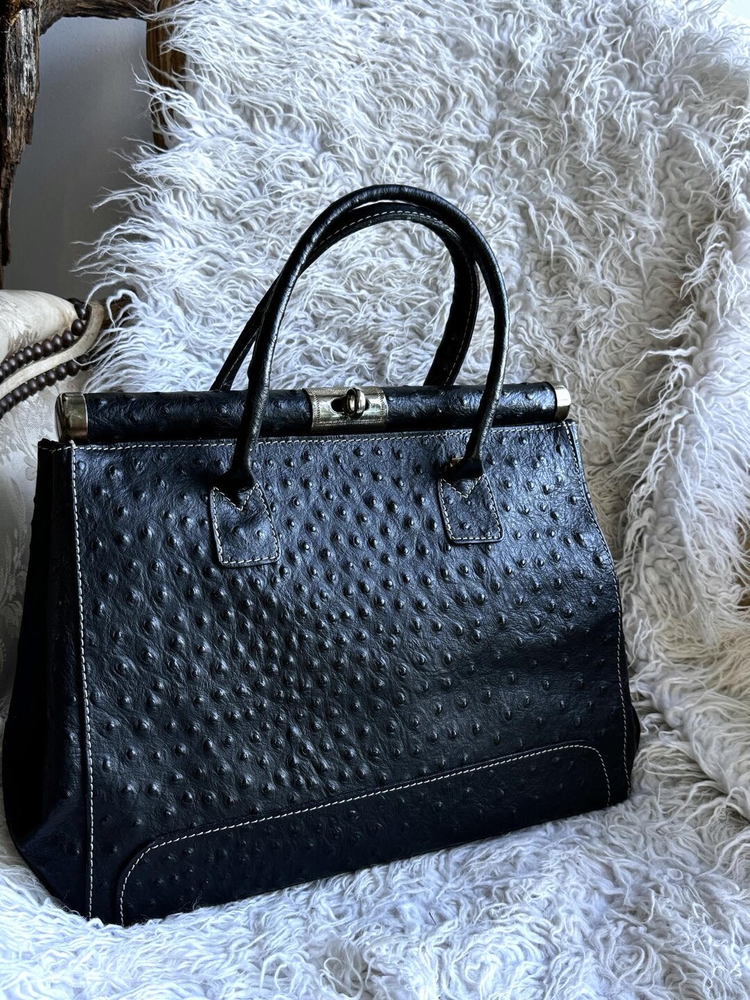 Vintage Large Black Leather Bag With Kelly Gold Locket Made in Italy ...