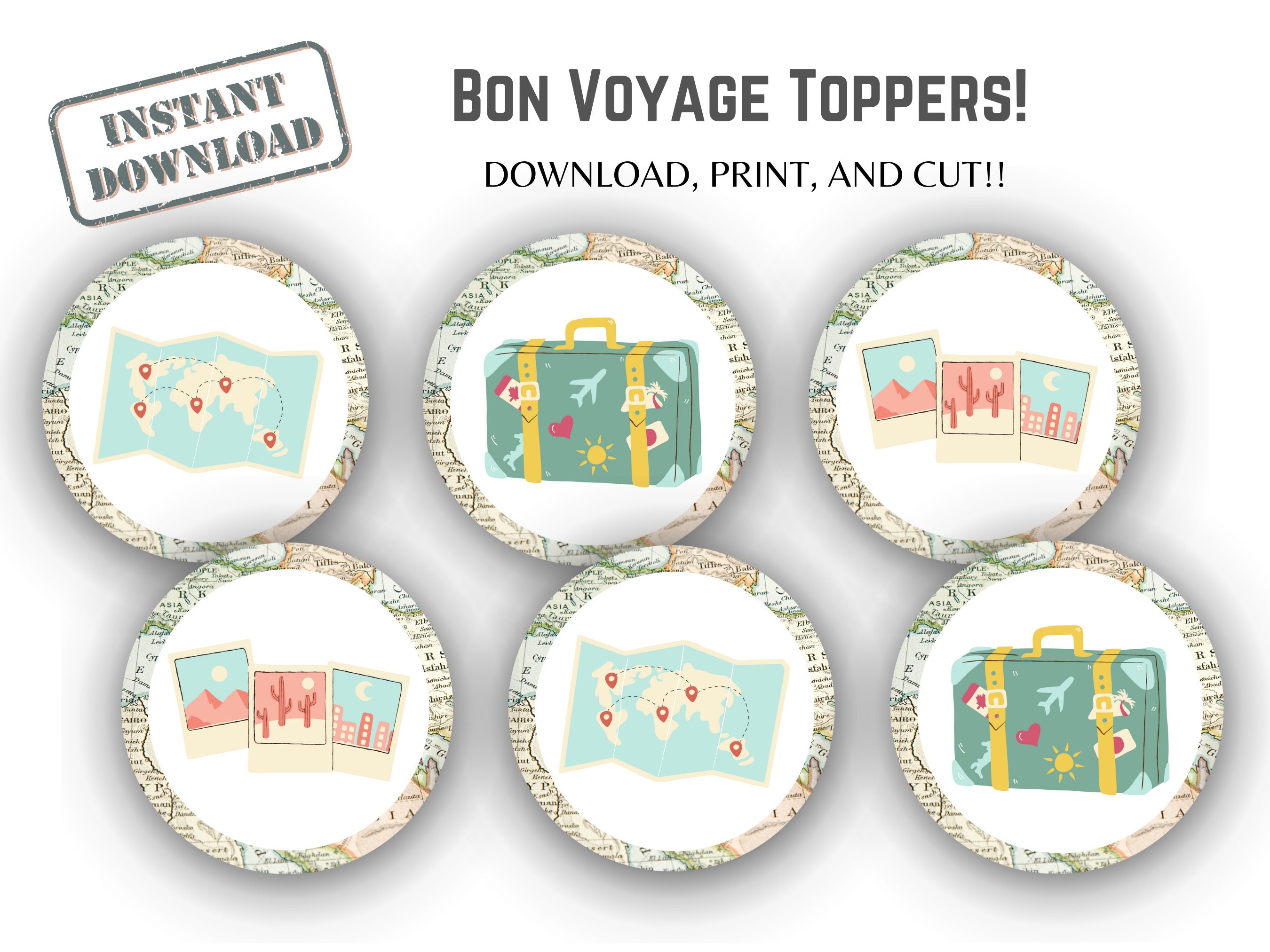 Travel Toppers, Bon Voyage Party, Travel Theme Cupcake Toppers ...