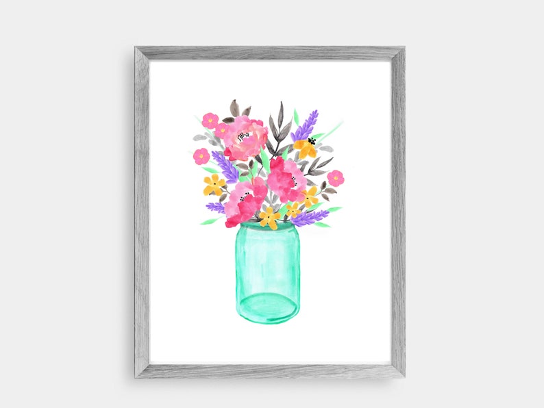 Mason Jar Water Color Flower Wall Art, Mason Jar Art, Mason Jar Flower ...