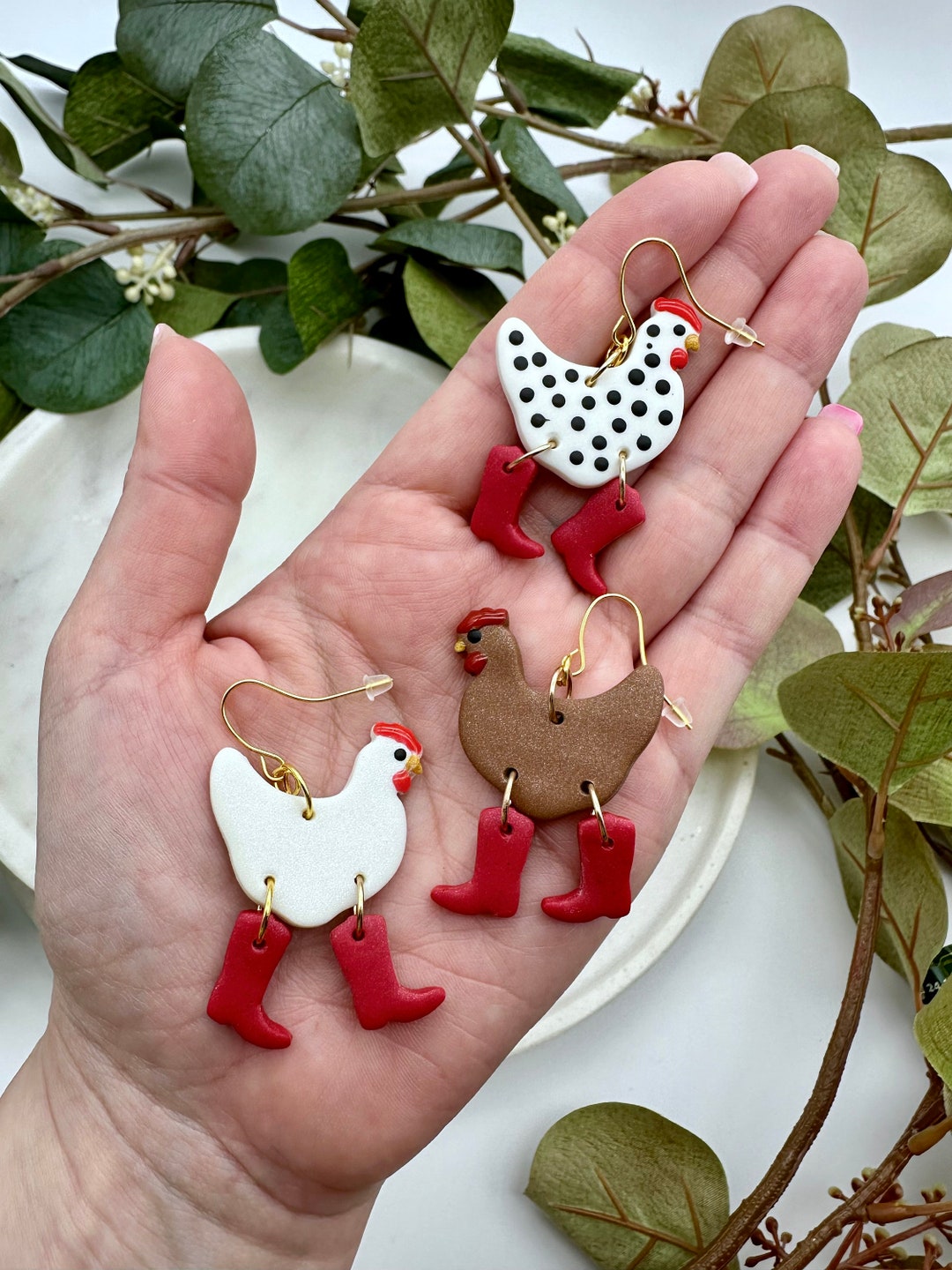 Handmade Clay Chicken in Boots Earrings - Etsy