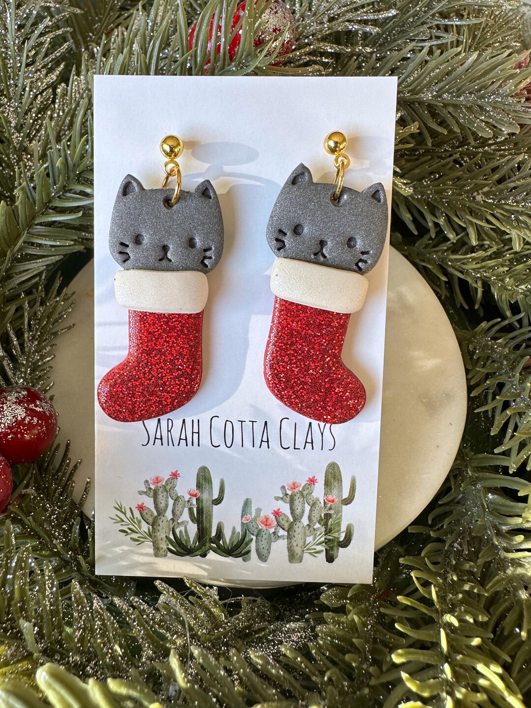 Handmade Clay Cat Christmas Stocking Earrings - Etsy