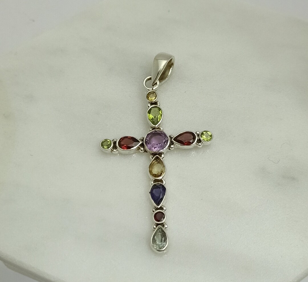 Multi-gemstone Cross Pendant Necklace: Peridot, Amethyst, Garnet ...