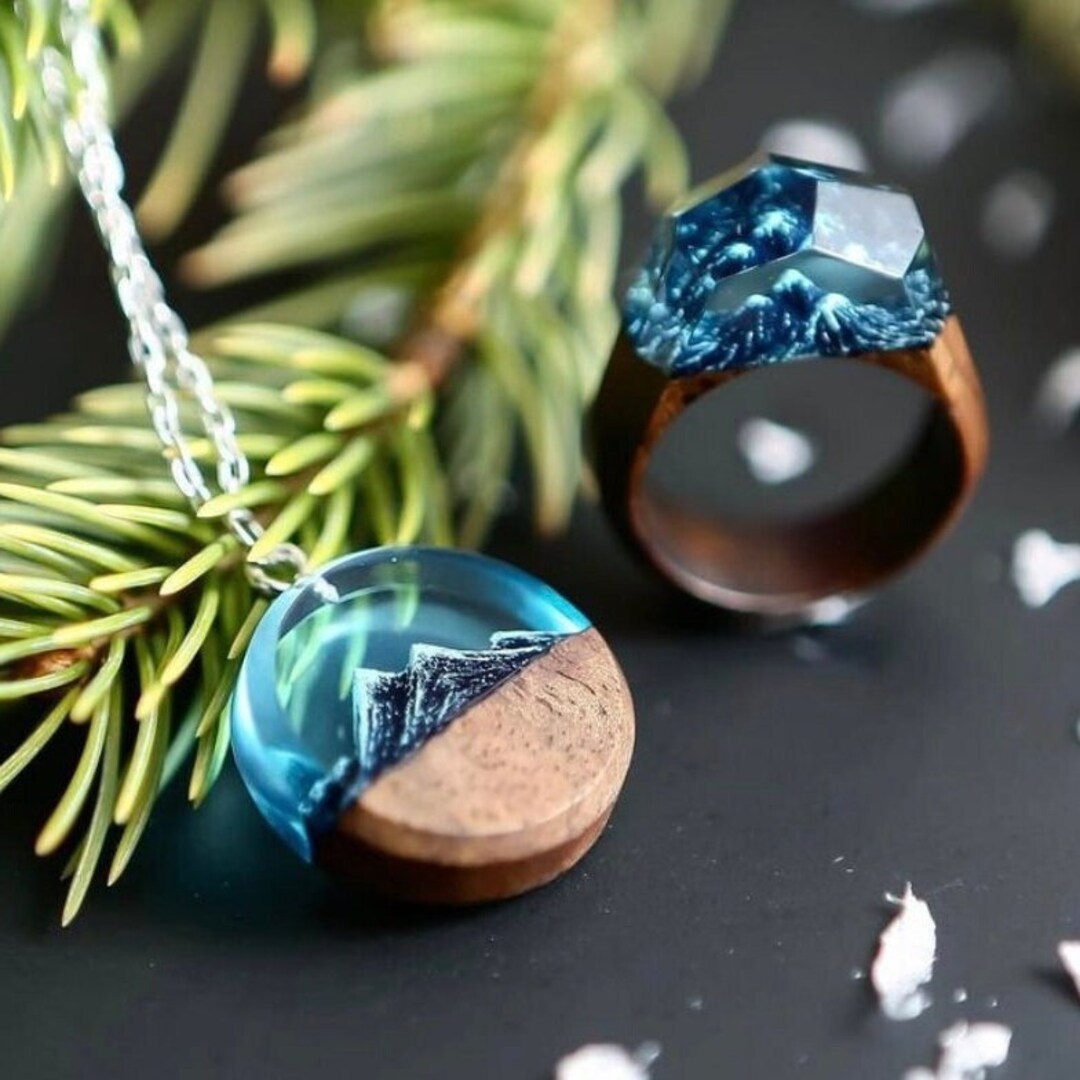 Handmade Wood Ring and Pendant Set, Mountain Carving in Epoxy Resin - Etsy