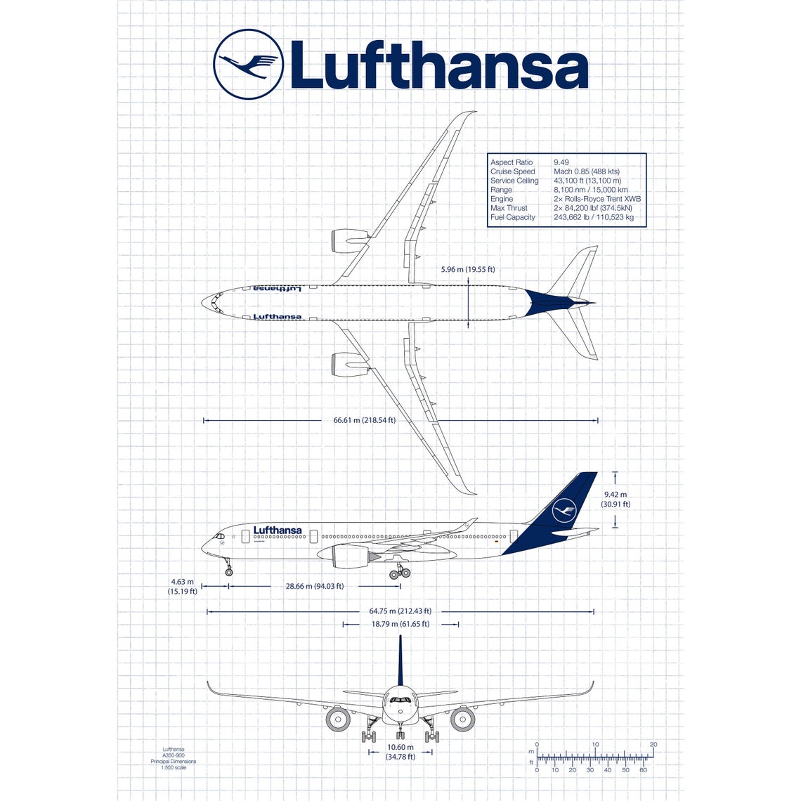 Lufthansa Airbus A350 Aircraft Print Poster Wall Art Blueprint - Etsy