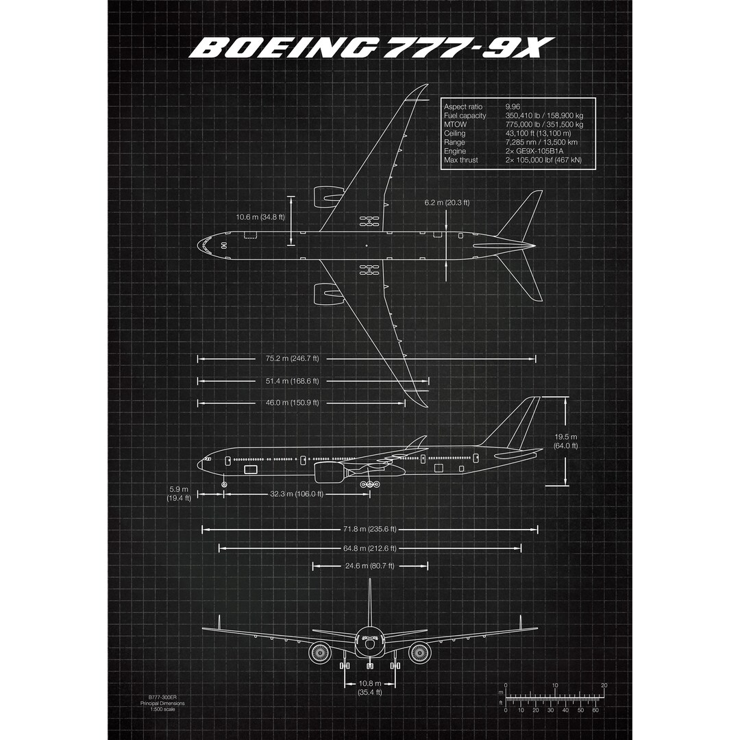 Boeing B777-9X Poster Aircraft Design Blueprint Wall Art Print - Etsy ...