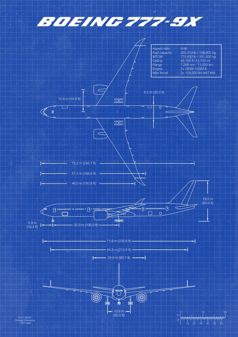 Boeing B777-9X Poster Aircraft Design Blueprint Wall Art Print - Etsy ...