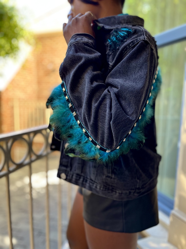 Black Peacock Feather Denim Jacket - Etsy